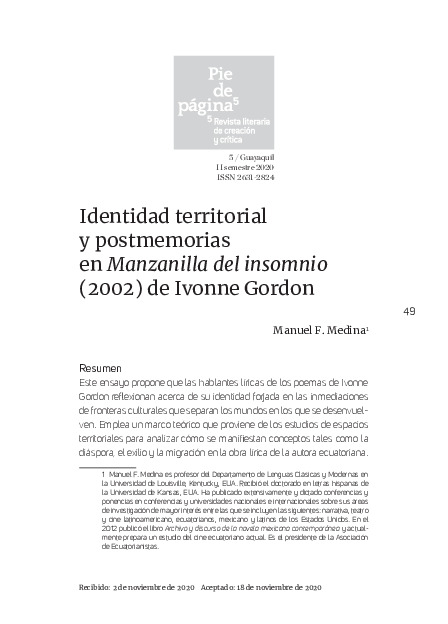 Identidad territorial y postmemorias en Manzanilla del insomnio (2002 ...